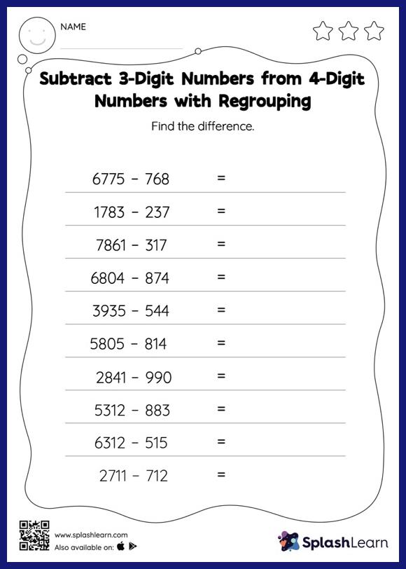 Subtract 3 Digit Numbers From 4 Digit Numbers With Regrouping Vertical