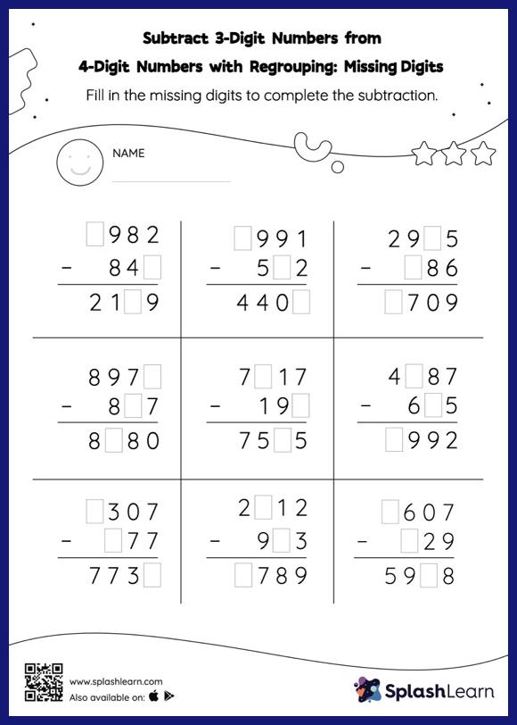 Subtract Two 4 Digit Numbers With Regrouping Missing Numbers Math 