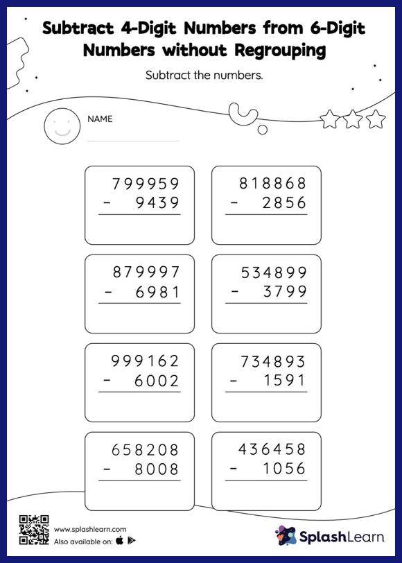 Subtract 4 Digit Numbers From 6 Digit Numbers Without Regrouping