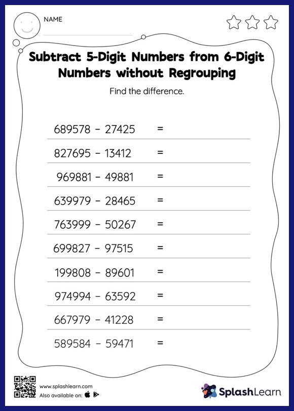 Subtract 5 Digit Numbers From 6 Digit Numbers Without Regrouping Subtract 5 Digit Numbers From 6 Digit Numbers Without Regrouping