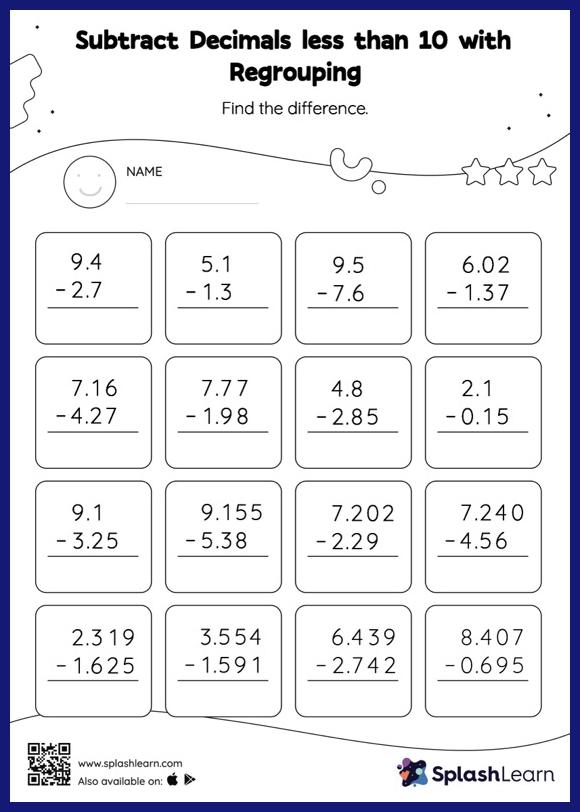 Subtract Decimals With Regrouping Worksheets For Kids Online SplashLearn