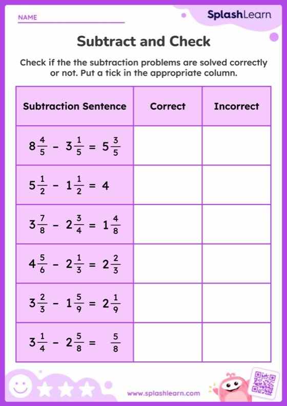 Subtract Mixed Numbers And Check The Difference Printable Math Worksheet