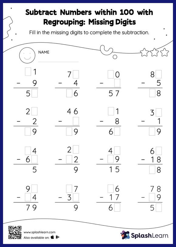 Subtract Within 100 With Regrouping Worksheets For Kids Online SplashLearn