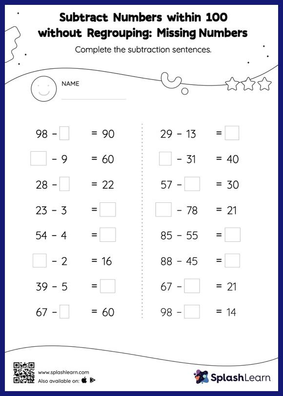 Subtract Numbers Within 100 Without Regrouping Missing Numbers Math 
