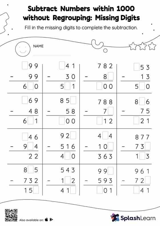 Subtract Within 1000 Without Regrouping Worksheets For 3rd Graders 