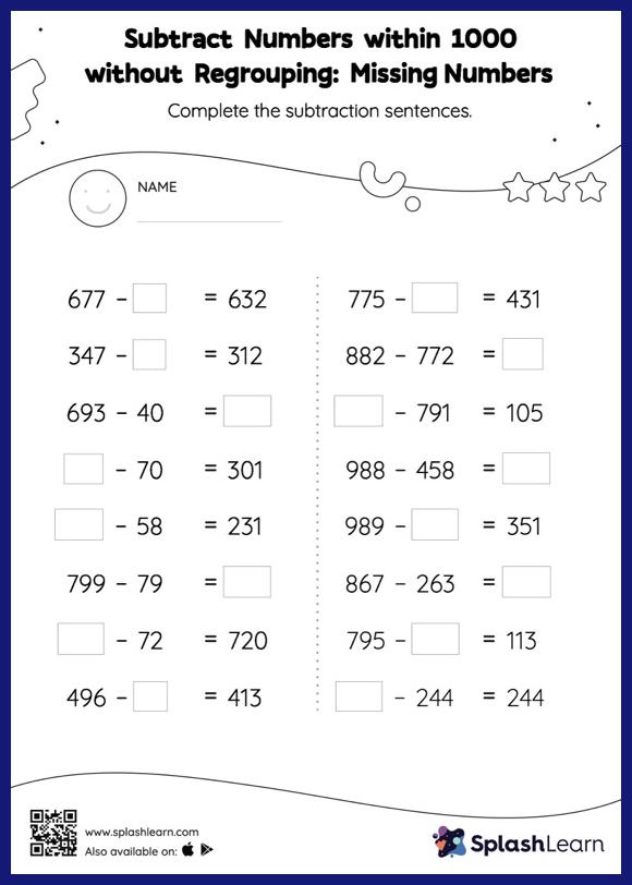 Subtract Within 1000 Without Regrouping Worksheets For 3rd Graders 