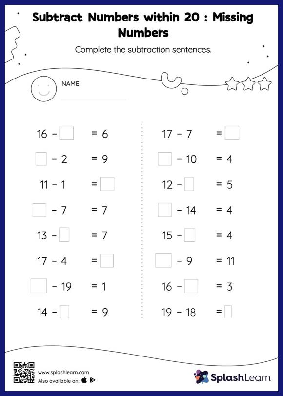 Subtract Numbers Within 20 Missing Numbers Math Worksheets 