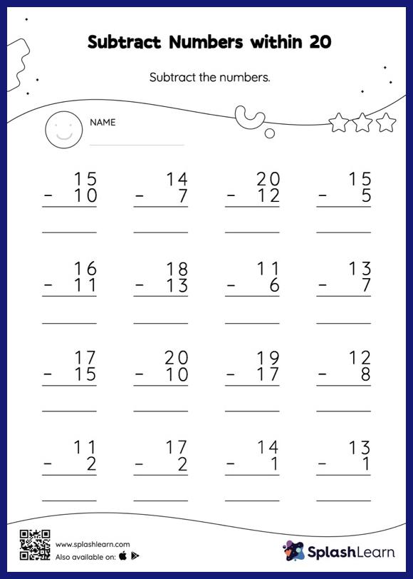 Fluently Subtract Within 20 Worksheets For 1st Graders Online SplashLearn