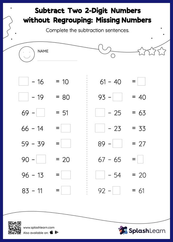 Subtract Two 2 Digit Numbers Without Regrouping Missing Numbers Math