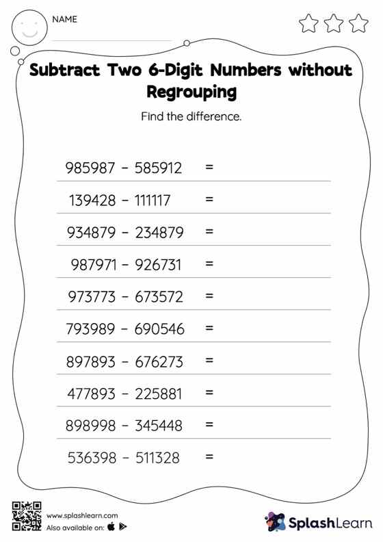 Subtract Two 6 Digit Numbers Without Regrouping Horizontal Subtraction