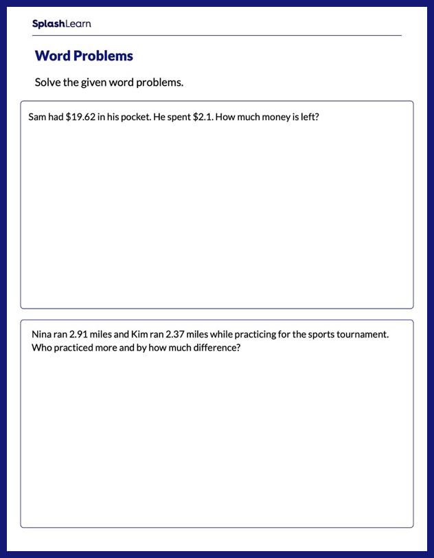 Word Problems On Subtracting Decimals Math Worksheets SplashLearn