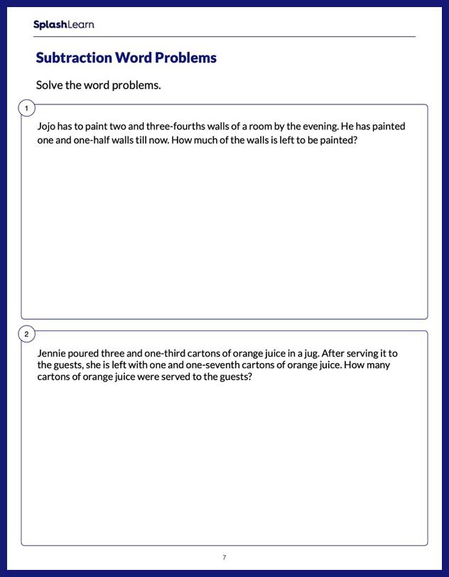 Word Problems On Subtracting Mixed Numbers Math Worksheets SplashLearn