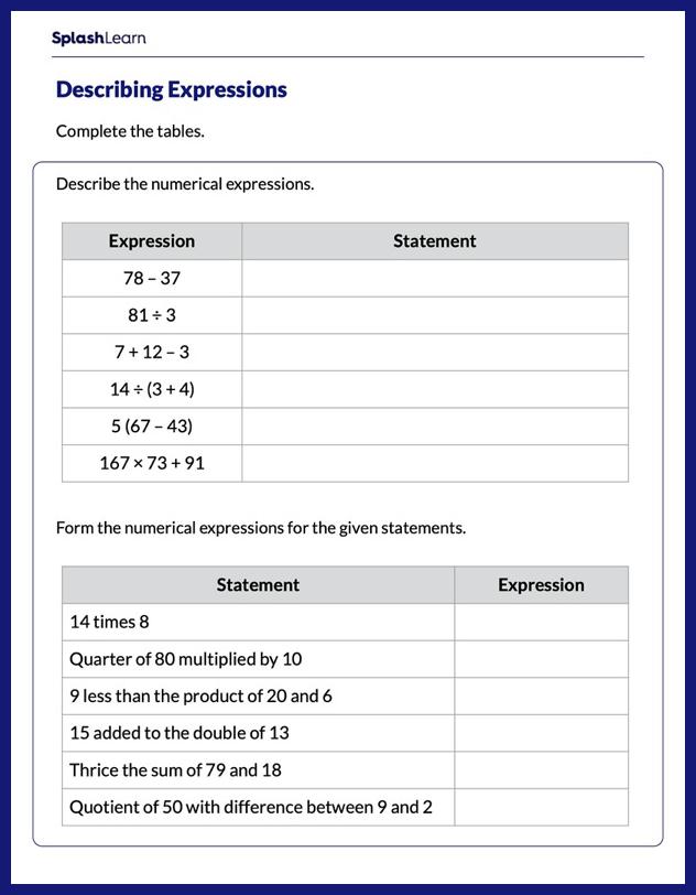 Expression Word Problems Worksheets