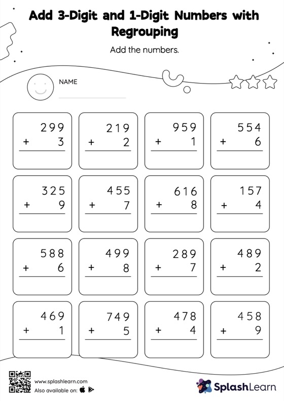 Add 3 Digit And 1 Digit Numbers With Regrouping Vertical Addition Add 3 Digit And 1 Digit Numbers With Regrouping Vertical Addition