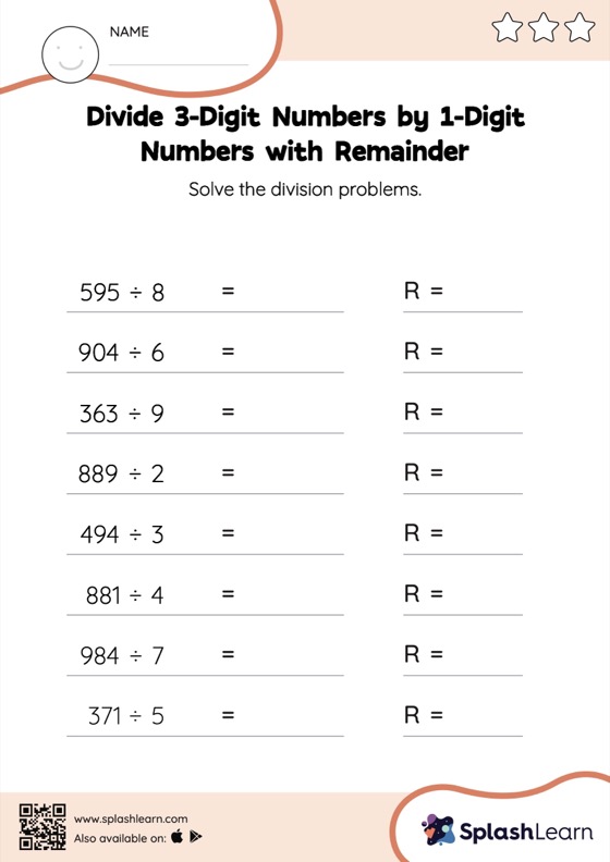 Divide 3 Digit Numbers By 1 Digit Numbers With Remainder Horizontal