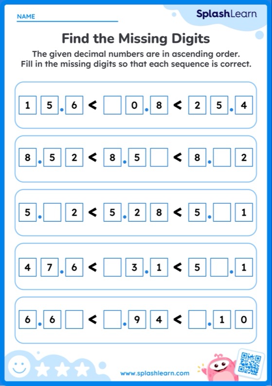 Missing Digits In Ordering Decimals Worksheet