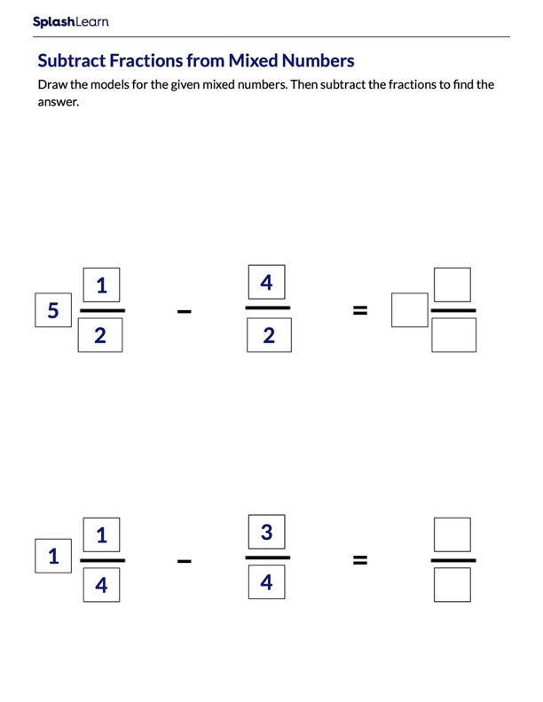 Draw Model to Subtract Fractions - Math Worksheets - SplashLearn