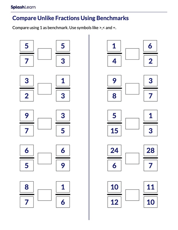 Compare Unlike Fractions Using 1 As Benchmark Math Worksheets