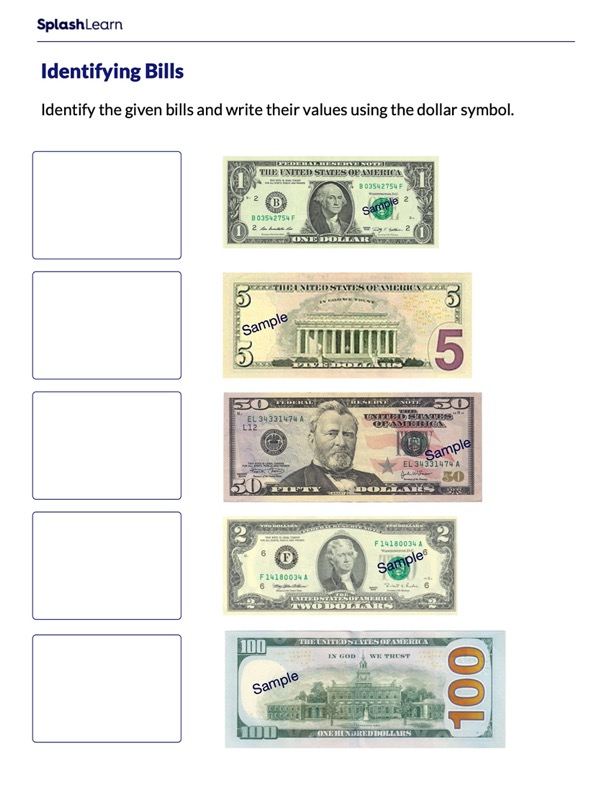 Identifying Dollar Bills Worksheets