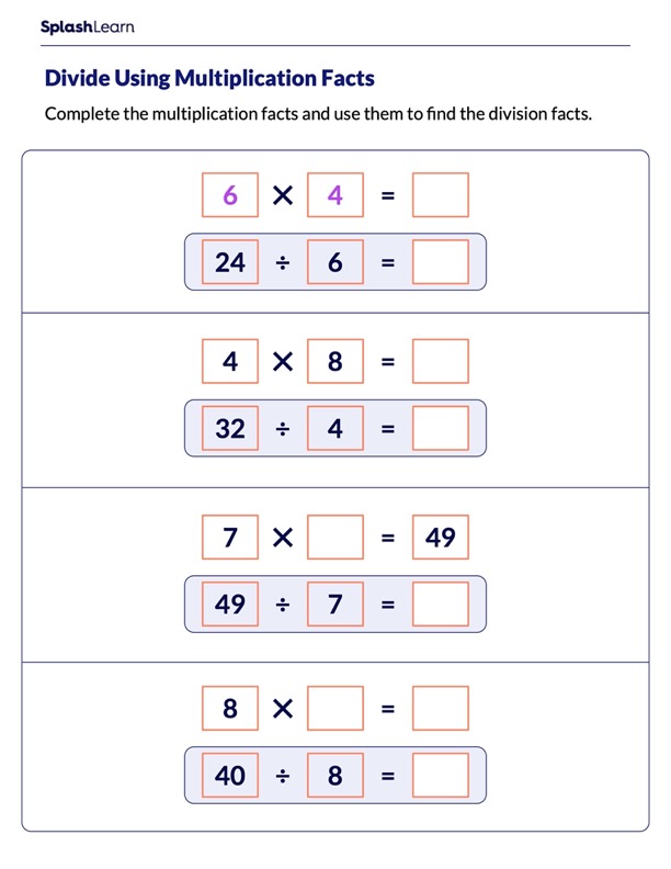 Divide Using Multiplication Fact Math Worksheets SplashLearn